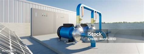 물 탱크 옥상에 있는 물 펌프 스테이션의 3d 렌더링 원심 펌프 전기 모터 파이프 라인 밸브 및 전기 제어 상자를 포함합니다