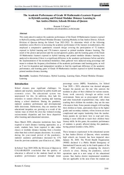 pdf the academic performance of grade 10 mathematics learners exposed
