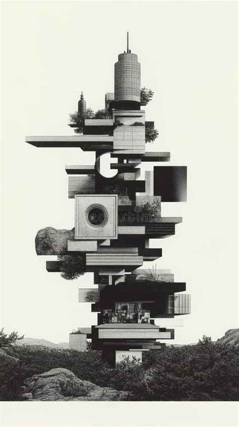 Monochrome Artwork Of A Futuristic Abstract Architectural Structure Floating Above A Surreal