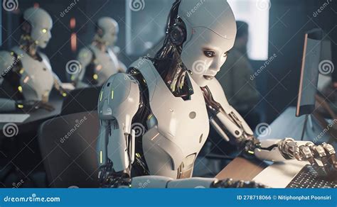 Blured Background Machine Ai Bot Working In The Office For Industrial Revolution And Automation