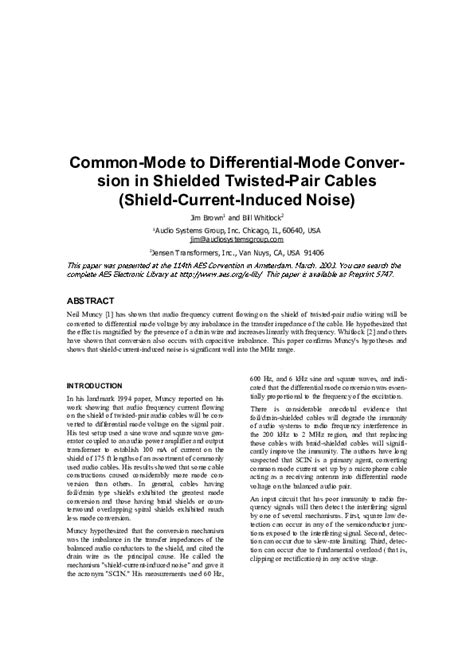 Pdf Common Mode To Differential Mode Conversion In Shielded Twisted Pair Cables Shield