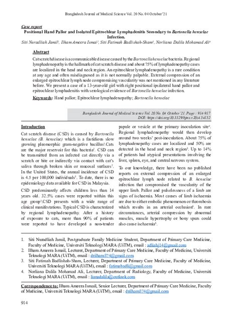 Pdf Positional Hand Pallor And Isolated Epitrochlear Lymphadenitis