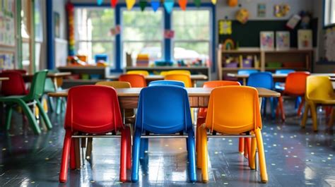 Colorful Chairs Around Tables In Kindergarten Classroom Back To School