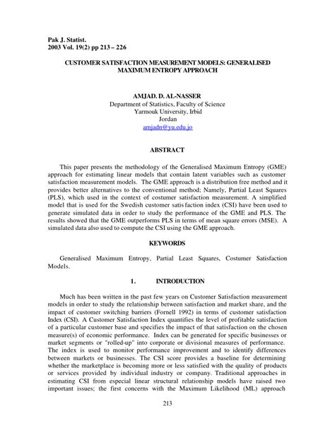 Pdf Customer Satisfaction Measurement Models Generalised Maximum Entropy Approach