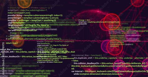 Image Of Digital Computer Icons Interconnecting With Lines And Programming Language Data Stock