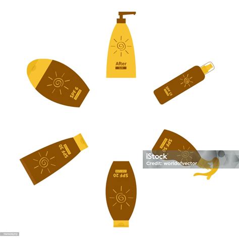 선 탄 오일 크림 튜브 애프터 썬 로션 병 세트입니다 태양 방어 나선형 기호 아이콘을 표시 합니다 Spf 다른 태양 보호 요소 Uva Uvb 선스크린 라운드 프레임 고립 된