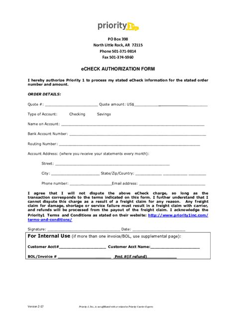 Fillable Online Echeck Authorization Form For Priority 1 Year 2023