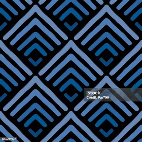 검은 색 배경에 고립 된 파란색 잉크 줄무늬 마름모 컬러 기하학적 원활한 패턴 벡터 플랫 그래픽 손 그린 그림 텍스처 페인트에