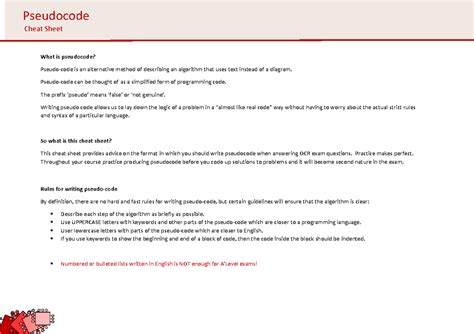 Pseudocode Cheat Sheet A4 What Is Pseudocode Pseudo Code Is An