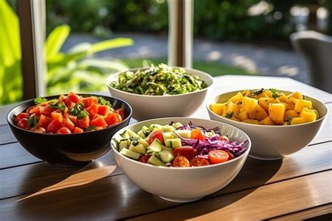 Premium Photo Different Vegetable Salads In Bowls On Wooden Table