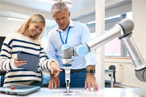 Male Tutor And Female College Or University Engineering Student In Robotics Class Studying Robot