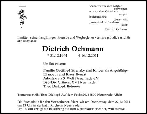 Traueranzeigen Von Dietrich Ochmann Trauer In Nrw De