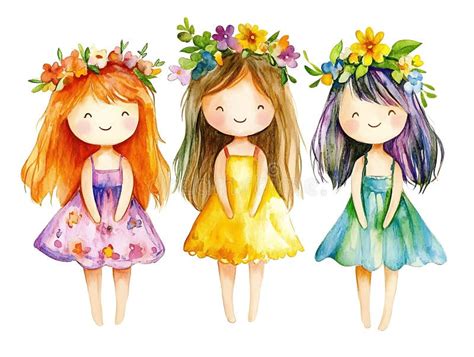 Three Cute Girls With Flower Crowns And Dresses Stock Illustration