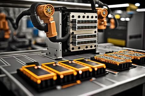 플랫폼 Generative Ai에 전기 자동차 배터리 셀 모듈이 있는 산업 공장 로봇 조립 라인의 내부 프리미엄 사진