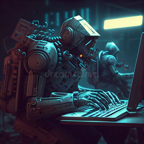 Robot Working In A Office With A Computer Generative Ai Stock Illustration Illustration Of