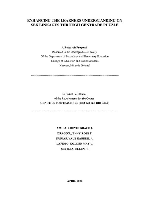 Biology RESEARCH PROPOSAL FOR AN ACTIVITY ENHANCING THE LEARNERS UNDERSTANDING ON SEX