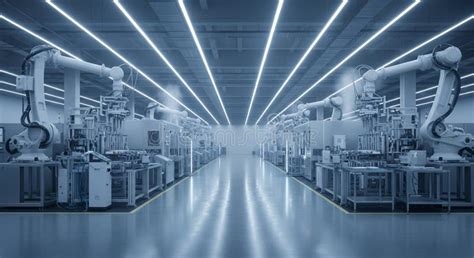 High Tech Robotic Assembly Line In Modern Factory With White Neon