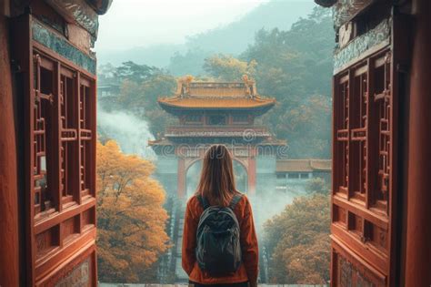 Tourist Admiring Traditional Chinese Architecture In Autumn Scenery Stock Image Image Of