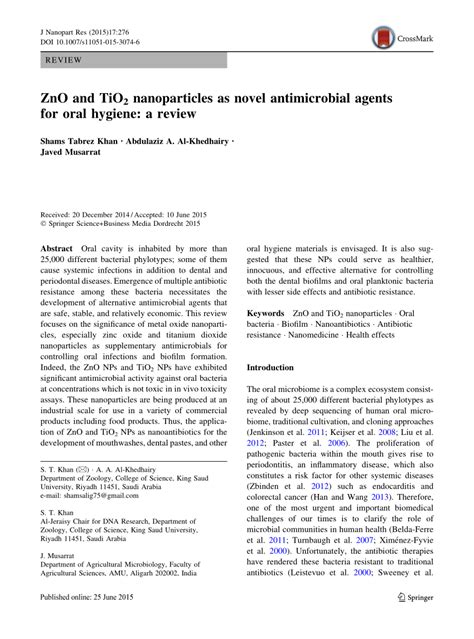 Pdf Zno And Tio2 Nanoparticles As Novel Antimicrobial Agents For Oral Hygiene A Review