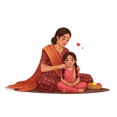 Traditional Indian Mother And Daughter Bonding Cute Cartoon