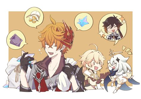 Aether Zhongli Paimon And Tartaglia Genshin Impact Drawn By Sio Genshin Danbooru