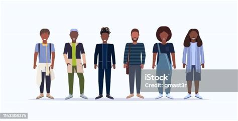 행복 한 캐주얼 남자 함께 서 있는 서로 다른 헤어 스타일으로 웃는 아프리카계 미국인 남자 남자 만화 캐릭터 전체 길이 평면 흰색 배경 수평을 입고 개념에 대한 스톡 벡터