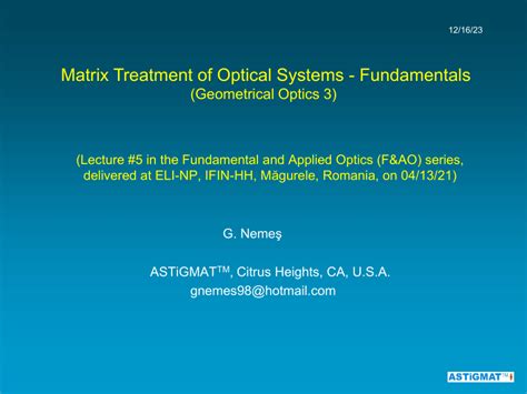 Pdf Matrix Treatment Of Optical Systems Fundamentals Geometrical
