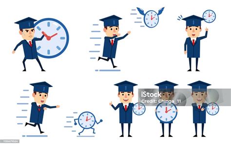 다양 한 상황에서 시계와 함께 포즈를 취한 대학원 학생 캐릭터 세트 시계를 들고 쾌활 한 학생 시간을 잡으려고 하 고 다른