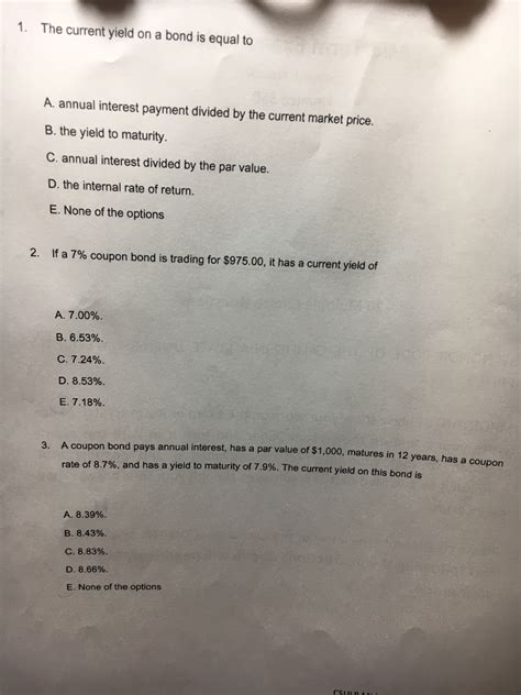 Solved 1 The Current Yield On A Bond Is Equal To A Annual