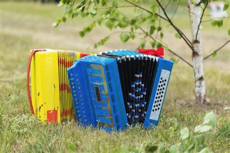 Premium Photo Toy Harmonicas On The Grass Under The Birch