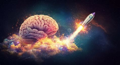 Brilliant Brain Concept Rocket Launch A Human Brain Launching A Rocket Into A Colorful Nebula