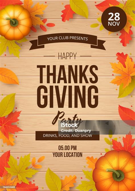 가을 단풍 호박과 나무 배경 행복 한 추수 감사절 파티 포스터 템플릿입니다 벡터 일러스트레이션 추수감사절에 대한 스톡 벡터 아트 및 기타 이미지 Istock
