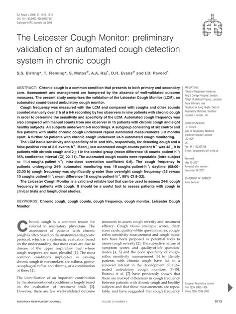 Pdf The Leicester Cough Monitor Preliminary Validation Of An Automated Cough Detection System