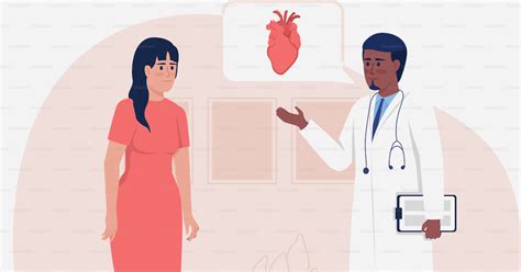 심장 전문의는 클리닉 2d 벡터 격리 그림에서 여성과 상담합니다 환자와 의사는 만화 배경에 있는 플랫 캐릭터들 건강 검진 모바일 웹 사이트 프리젠 테이션을위한