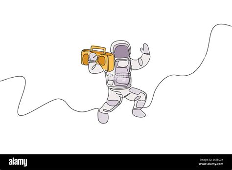 Single Continuous Line Drawing Of Astronaut Bringing Vintage Radio On Shoulder In Cosmic Galaxy