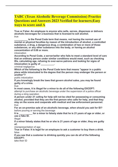 TABC Texas Alcoholic Beverage Commission Practice Questions And Answers Verified For