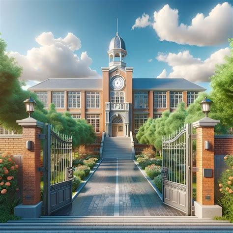 Premium Photo School Building With A Clock Tower Flanked By Trees And Open Gates Under A Blue