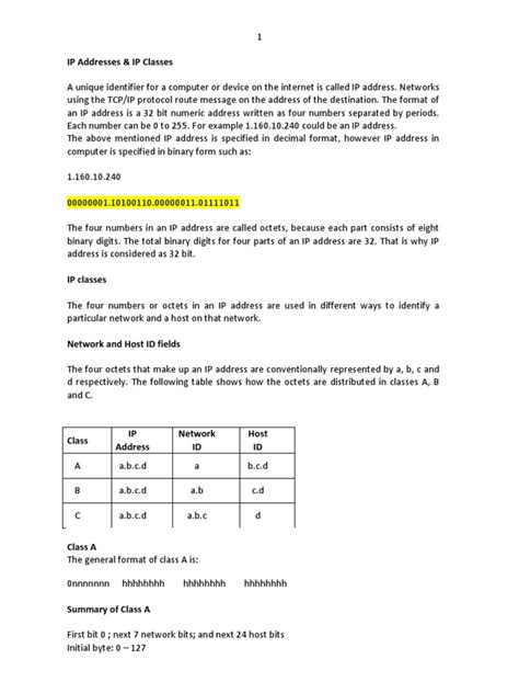 Ip Addresses And Classes Pdf Ip Address Computer Network