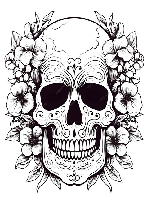꽃의 두개골 컬러링 페이지 설탕 두개골 그림 컬러링페이지 꽃이 있는 두개골 라인 아트 컬러리 페이지 두개골을 컬러링 책 두개골 색칠 페이지 인공지능 생성 프리미엄 사진