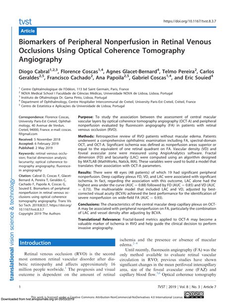 Pdf Biomarkers Of Peripheral Nonperfusion In Retinal Venous Occlusions Using Optical Coherence