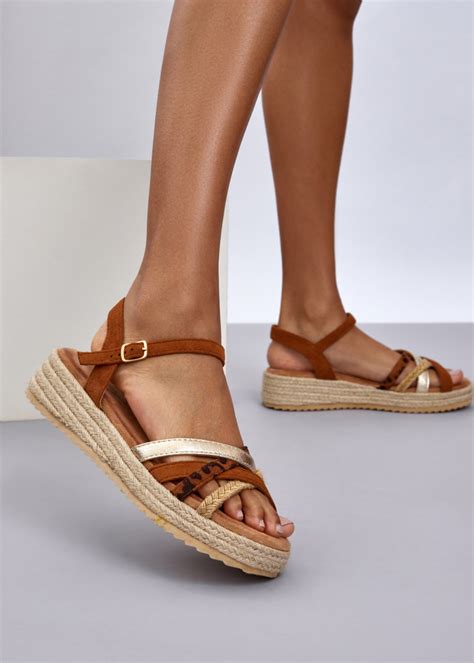 Brown Multi Strap Espadrille Platform Sandals Shoelace Womens