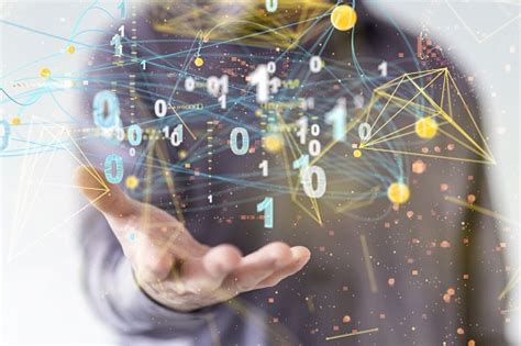 Abstract Network With Binary Code Hovering Over A Mans Hands Stock