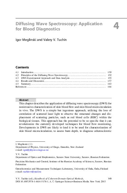 Pdf Diffusing Wave Spectroscopy Application For Blood Diagnostics