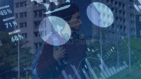 Financial Data Charts And Graphs Animation Over Person Walking In Urban