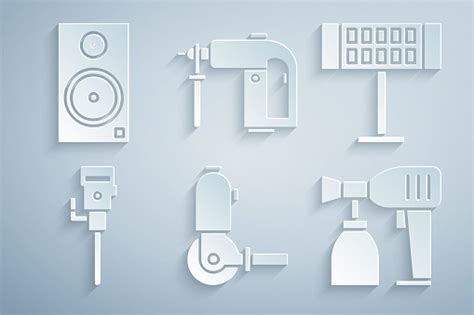 앵글 그라인더 전기 히터 건설 착암기 페인트 스프레이 건 로터리 드릴 머신 및 스테레오 스피커 아이콘을 설정합니다 벡터 3차원