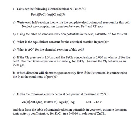 solved 1 consider the following electrochemical cell at