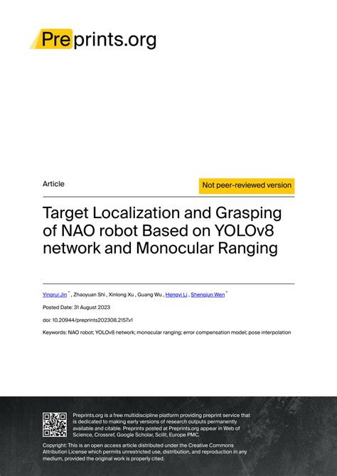 Pdf Target Localization And Grasping Of Nao Robot Based On Yolov8 Network And Monocular Ranging