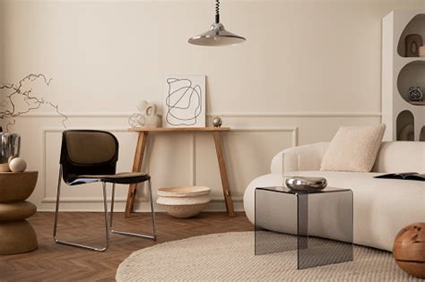 모형 포스터 프레임 모듈식 소파 크롬 그릇 램프 유리 커피 테이블 나무 벤치 세련된 선반 및 개인 액세서리가 있는 거실 인테리어