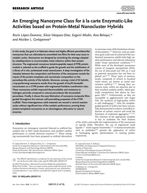 Pdf An Emerging Nanozyme Class For à La Carte Enzymatic‐like