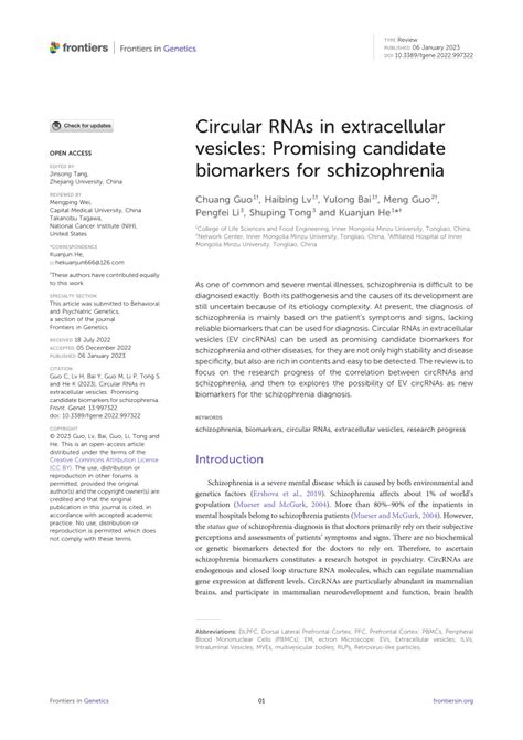Pdf Circular Rnas In Extracellular Vesicles Promising Candidate Biomarkers For Schizophrenia